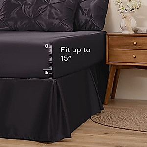 MR&HM Satin Comforter Queen 8 Pieces - Luxurious Pinch Pleat Bedding Set with Comforter, Sheets, Bed Skirt, Pillowcases & Shams, Super Silky Soft Bed Set for All Season (Queen, Black)