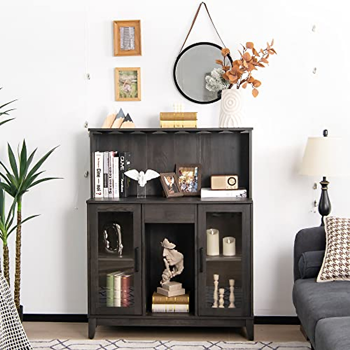 LOKO Wine Bar Cabinet, Liquor Cabinet with Removable Wine Rack, Farmhouse Buffet Sideboard Storage Cabinet with Adjustable Shelves & Tempered Glass Doors, 38.5 x 16 x 48.5 inches (Black)