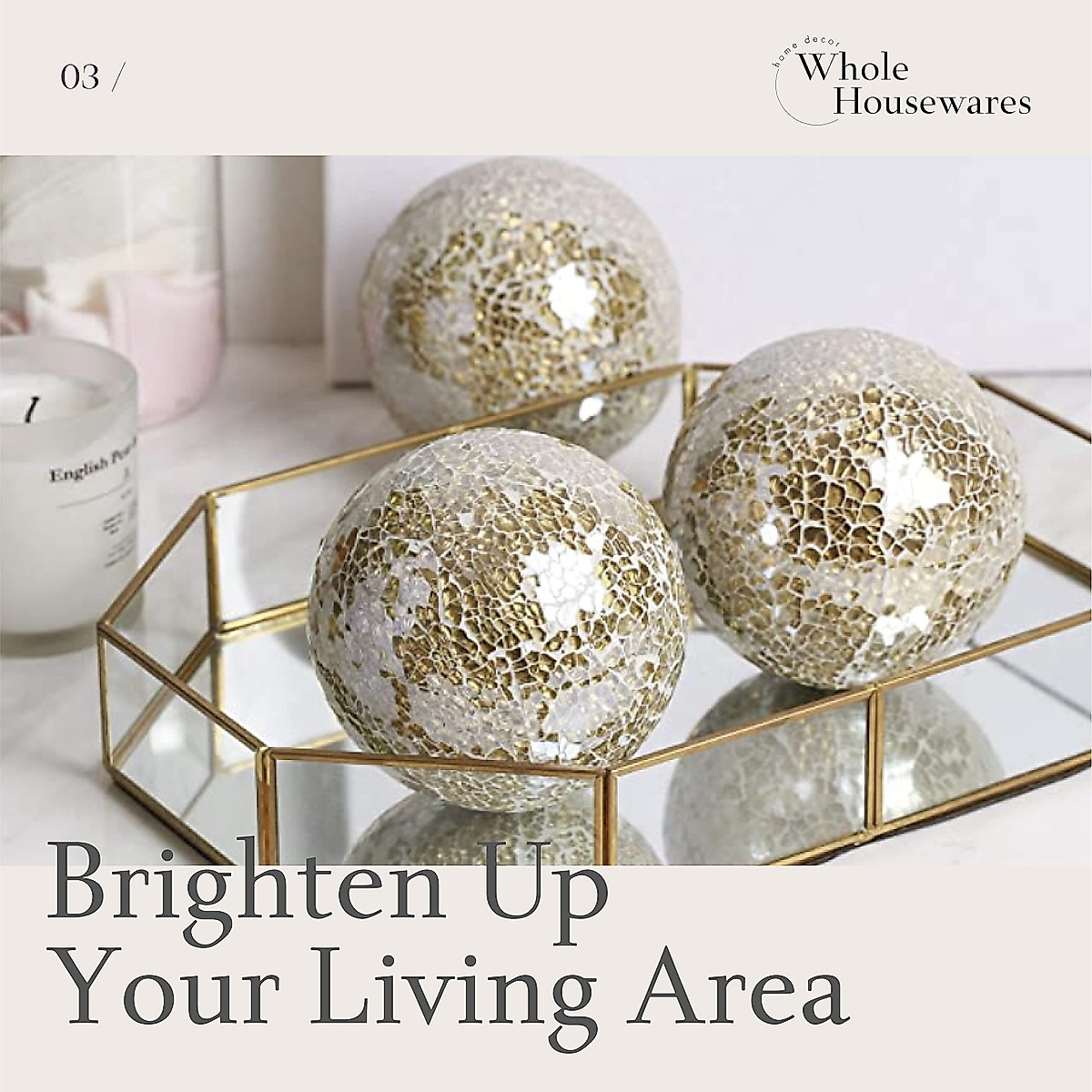 WHOLE HOUSEWARES | Decorative Balls for Centerpiece Bowls | Set of 3 | Glass Mosaic Sphere | Diameter 4" | Home/Garden/Kitchen/Living Room Decor | Decorative Balls for Bowls (Gold)