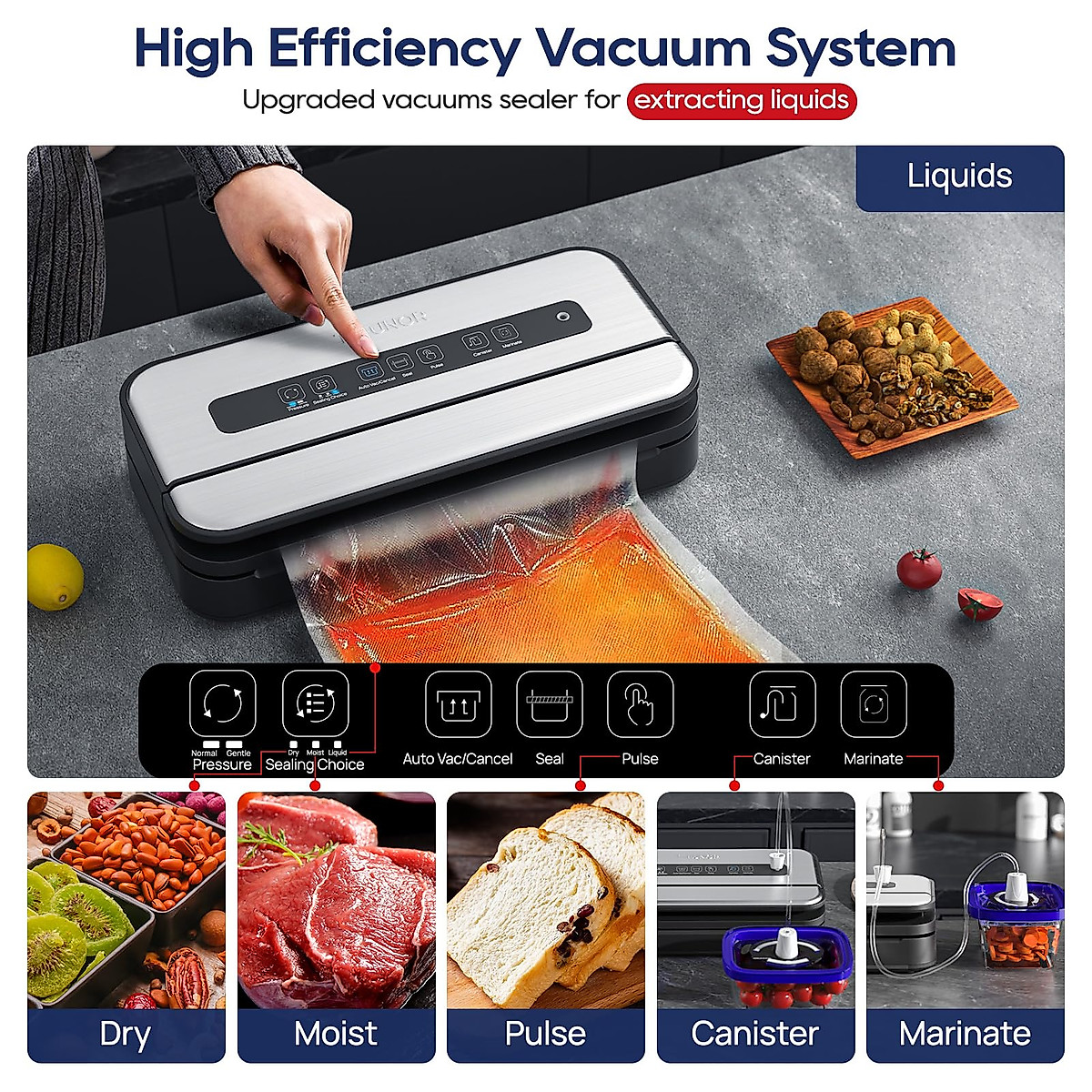 Liquid Vacuum Sealer Machine, 90Kpa Vacuum Sealer for Liquid/Dry/Moist food, Double Heat Seal, Easy-Lock Handle, Built-in Cutter and Bag Storage & Removable Drip Tray | 2 Bag Rolls
