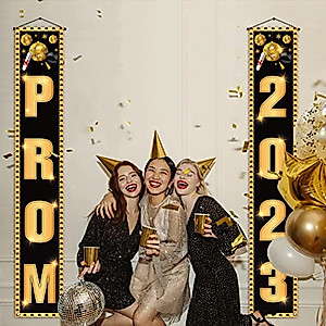 Nepnuser Prom 2023 Porch Banner Graduation Party Decor Black and Gold Glitter Dance Front Door Hanging Sign Home Indoor Outdoor Decoration