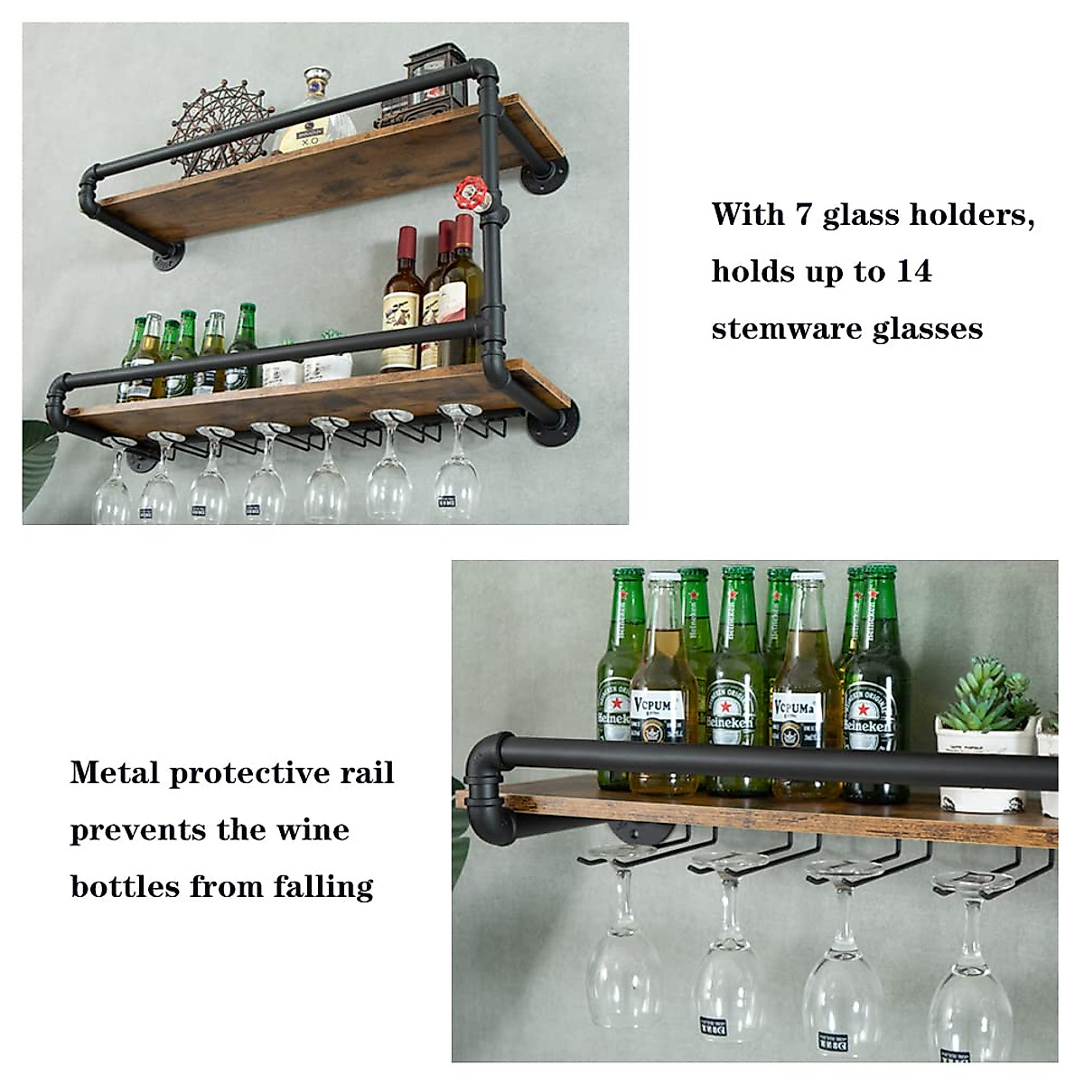 BOTAOYIYI Wine Rack Wall Mounted 2 Tier, Hanging Floating Bar Liquor Shelves with Glass Holder Storage Under, Industrial Rustic Pipe Farmhouse Kitchen Decor Black(35.4x10.6x19.7)