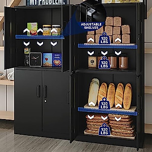 Yizosh Metal Storage Locking Cabinet with 4 Doors and 2 Adjustable Shelves,71" Lockable Garage Tall Steel Cabinet,for Home Office,Living Room,Pantry,Gym,Commercial Storage (Black)