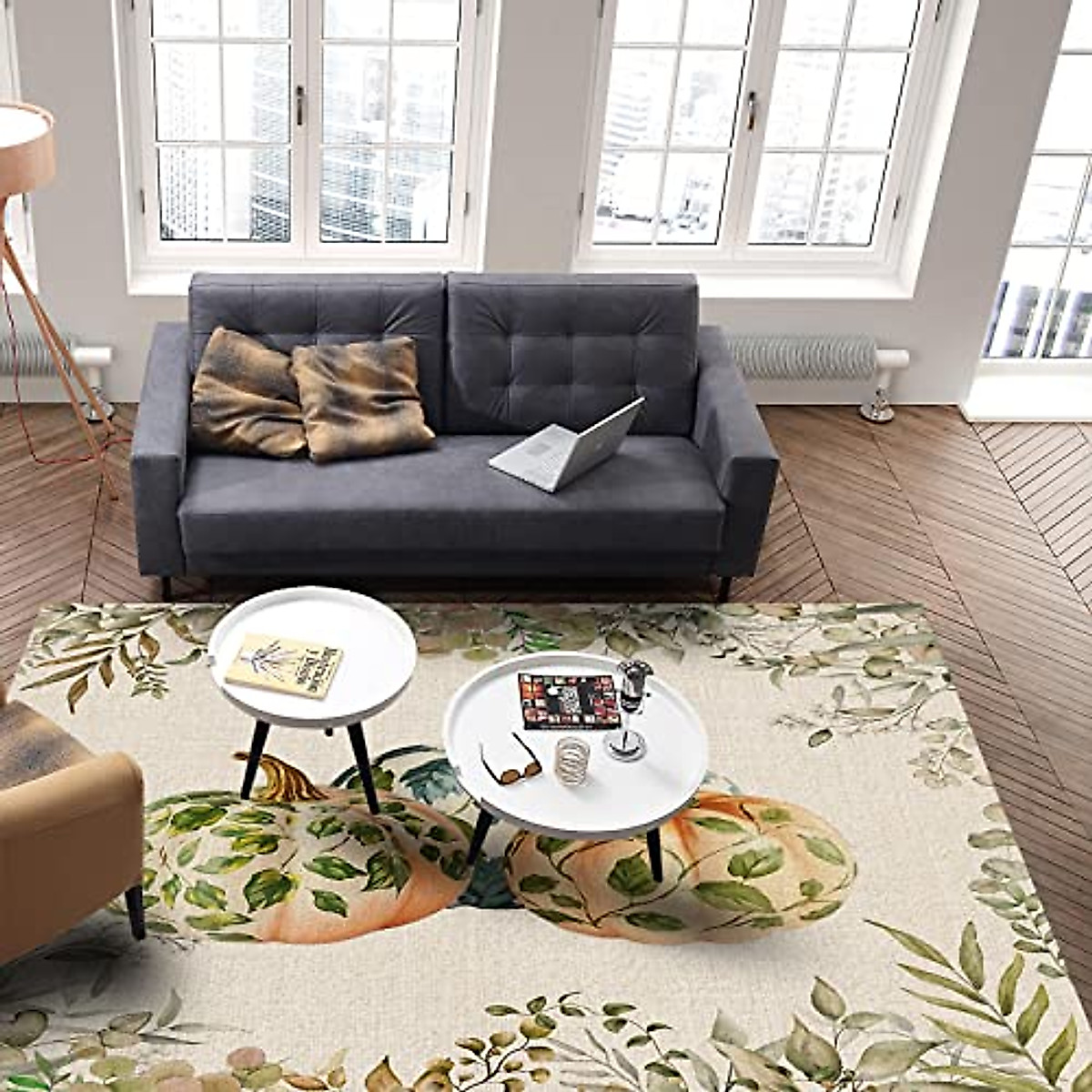 OComster Thanksgiving Rectangle Shape Large Area Rugs - 2 x 3 Feet Leaf Paint Pumpkin Eucalyptus Leaves Burlap Fall - (Non-Woven + Rubber) Low File Floor Mat