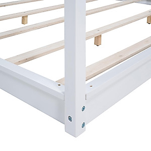 Mirightone King Size Canopy Bed Frame Wood Floor Bed Frame with Slats 4 Poster Bed King Platform Bed with Wood Support Legs, No Box Spring Needed, White