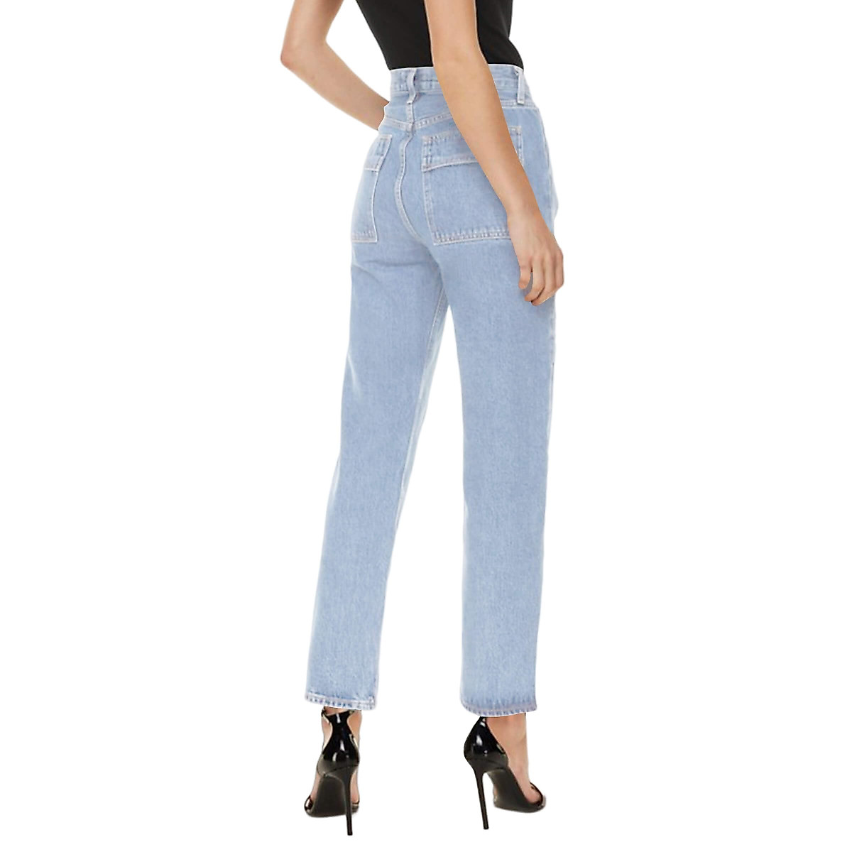 PLNOTME Women's High Waisted Jeans Straight Leg Cargo Trendy Denim Pants with Pockets Light Blue