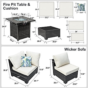 8-Piece Outdoor Rattan Wicker Patio Furniture Set with 28" Gas Fire Pit Table, Coffee Table, Armless Seats, Corner Seats, and Cushions Included, Outdoor Sectional Furniture, Coffee/Beige