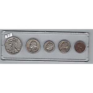 1947 Birth Year Coin Set- (5) Coins - Silver Half Dollar, Silver Quarter, Silver Dime, Nickel, and Lincoln Cent - All dated 1947 in a Plastic Display Holder Fine