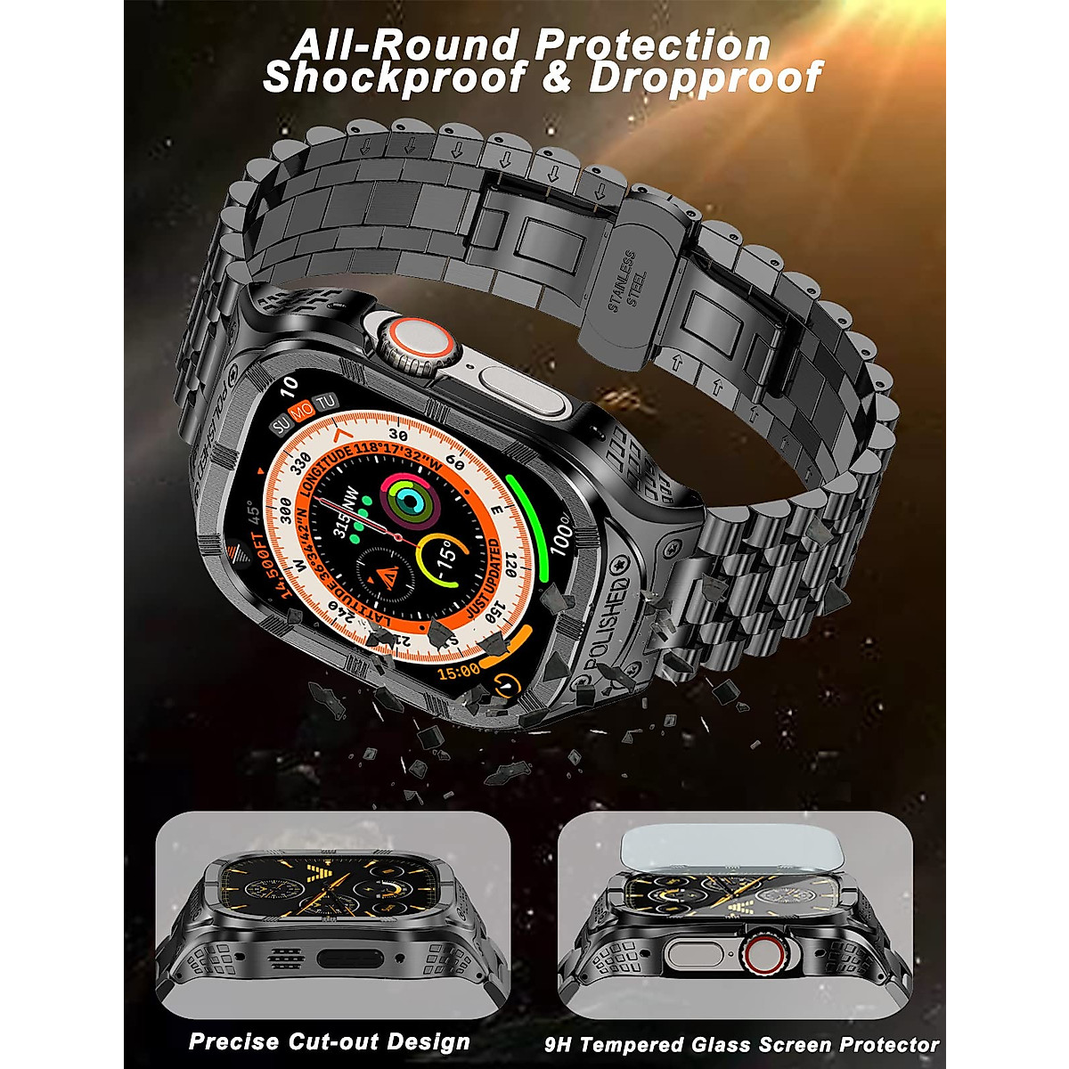 San Jeirie Stainless Steel Case & Band Compatible for Apple Watch Ultra 1/2 (49mm), Rugged Metal Protective Bumper Cover for iWatch Ultra Band for Men (Black)