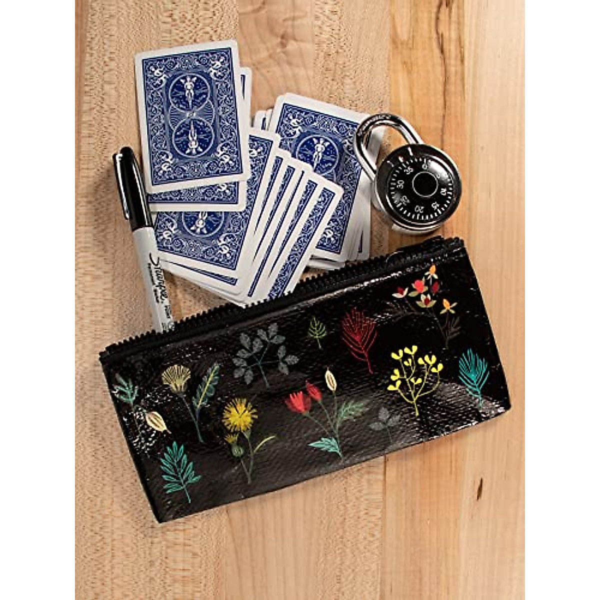 Blue Q Pencil Case, Plant Study - chunky zipper, sturdy and easy-to-rinse-clean, 4.25"h x 8.5"w, made from 95% recycled material (Black with Botanical Drawings)