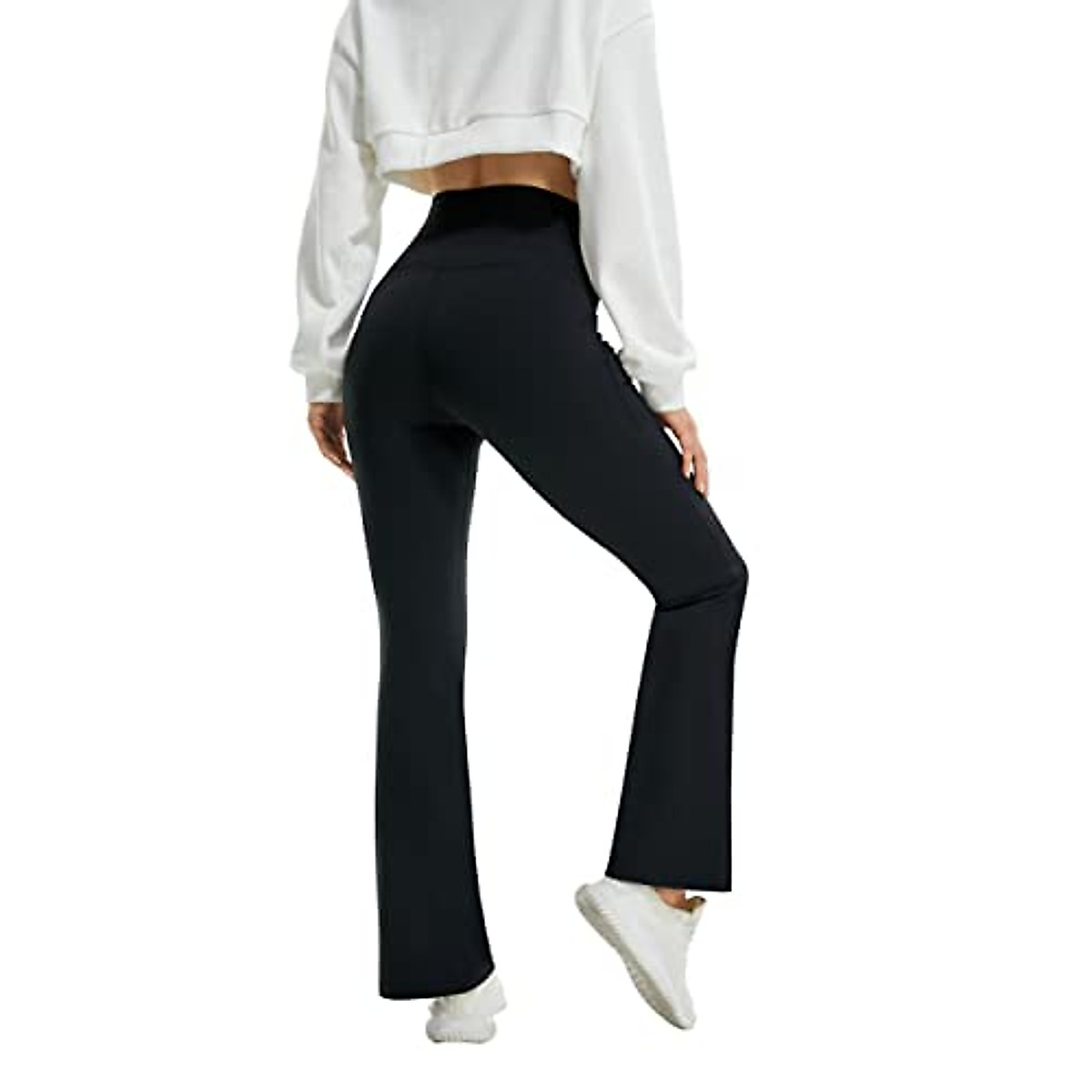 FireSwan Womens Crossover Flare Leggings with Pockets Bootcut High Waisted Yoga Pants Tummy Control Gym Workout Work Pants Black