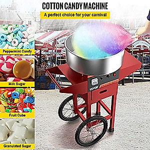 VBENLEM Commercial Cotton Candy Machine with Cart, Electric Floss Maker with Stainless Steel Bowl, Sugar Scoop and Drawer, for Family and Various Party, Red
