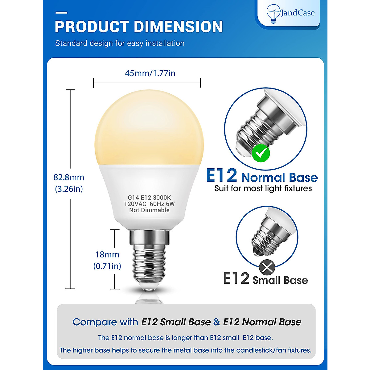 JandCase Ceiling Fan Light Bulbs, 6W E12 LED Bulbs 60Watt Equivalent, G14 LED Bulbs for Ceiling Fan, Chandelier, Table Lamp, Soft White 3000K, Non-dimmable, 6 Pack