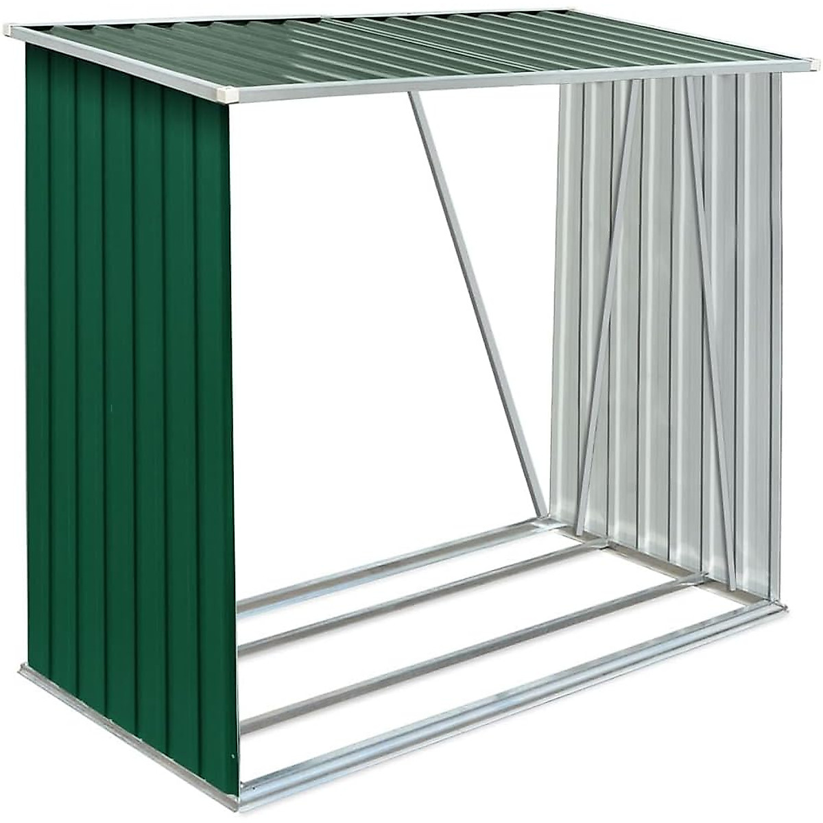 vidaXL Garden Firewood Storage Shed- Galvanized Steel Green Log Shed- Compact Outdoor Wood Storage Solution- 64.2"x32.7"x60.6"- Durable and Easy to Assemble