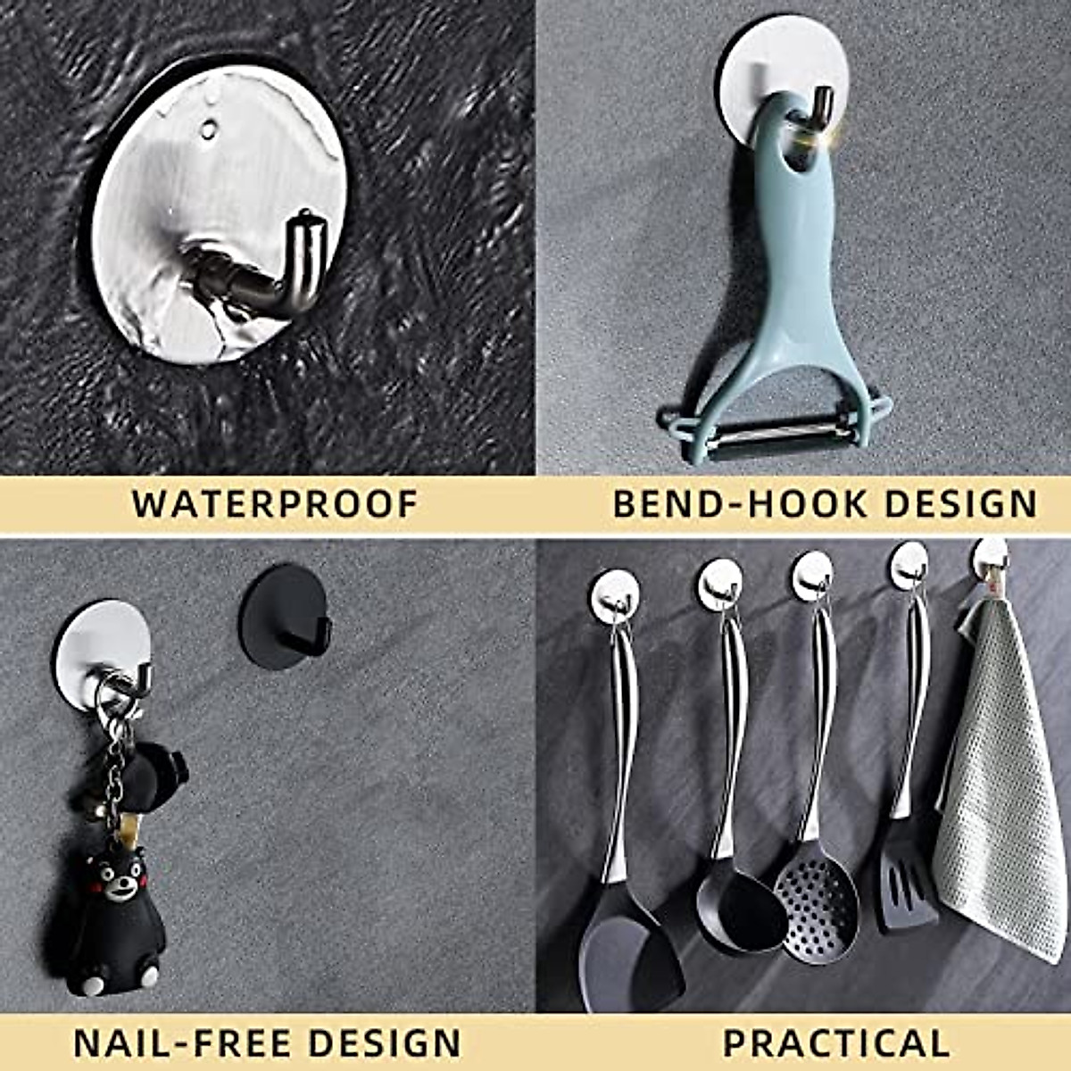 Sticky Hook Adhesive Hooks Heavy Duty for Wall Hanging 6-Pack Stainless Steel with Extra Strong Waterproof,for Towels/Keys/Hat/Clothing/Bathroom/Kitchen/Home/Office, Silver-6pack