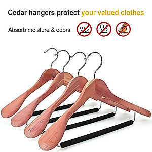 TOPIA HANGER Unfinished American Red Cedar Wood Coat Suit Hangers, Luxury Wooden Jacket Clothes Hangers, Wide Shoulder with Black Padded Pant Bar- 360°Flexible Hook, 4 Pack- Natural- CT07W