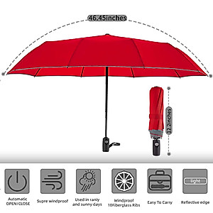 FDJASGY Windproof Travel Umbrella with Teflon Coating Auto Open Close Lightweight Sun&Rain Umbrella with 10 Rib Construction and Reflective Stripe Zipper Pouch