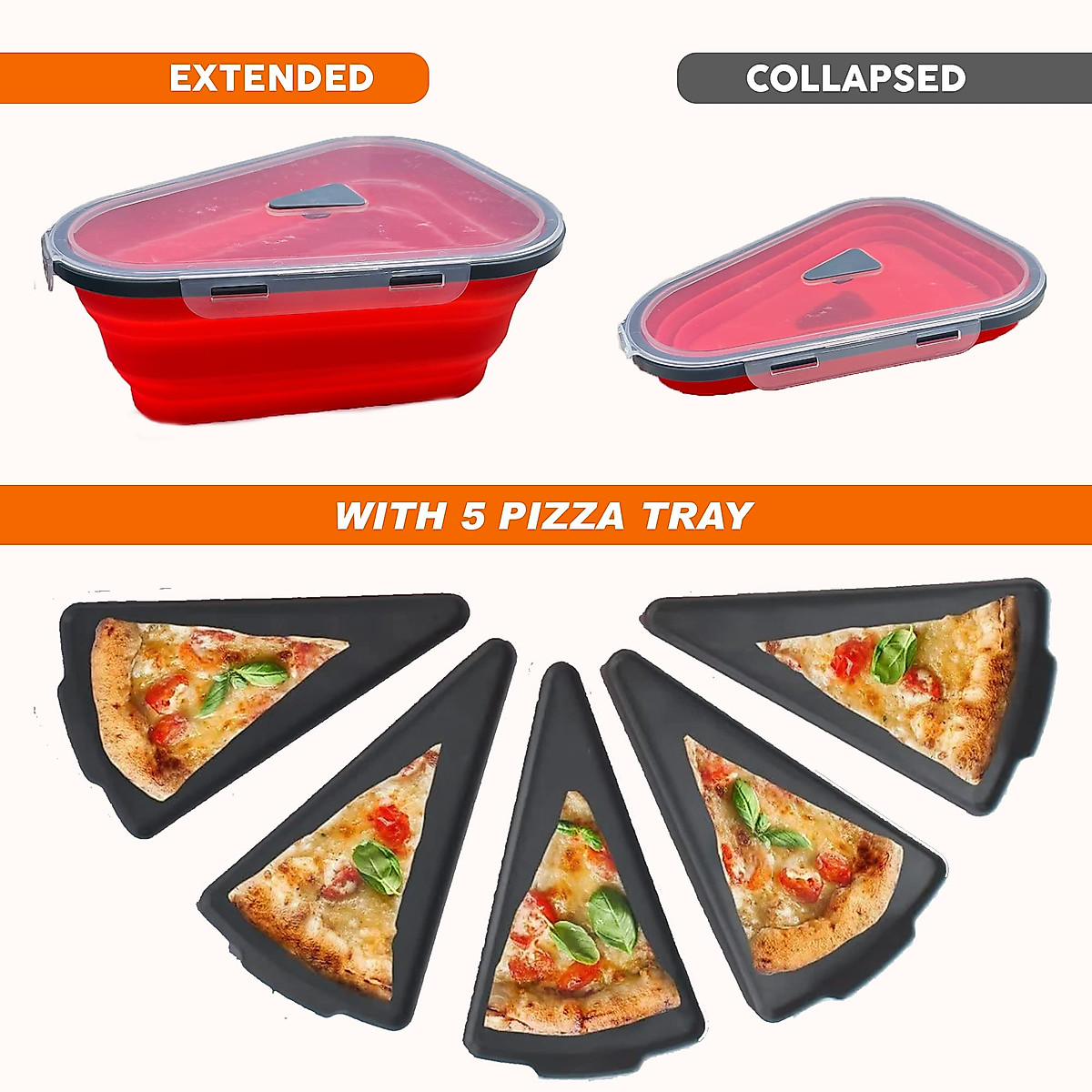Pizza Storage Container with Pizza Cutter, 5 Microwavable Serving Trays with Pizza Container, Silicone Pizza Storage Container, Pizza Pack, Pizza Storage Container Collapsible, Pizza Keeper, Red