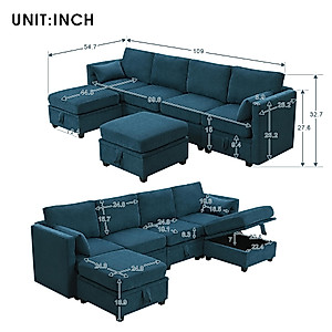 Ucloveria Chenille Modular Sectional, U Shaped Couch with Adjustable Armrests and Backrests,6 Reversible Sofa Bed with Storage Seats for Living Room, Apartment,Blue, Blue-109