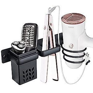 Hoteelee Hair Dryer Holder Wall Mounted,Bathroom Hair Tool Organizer for Blow Dryer Hair Straightener Bedroom Hanger Rack Aluminum Space Saving Storage Bracket with Plug Hook & Cup (Black)