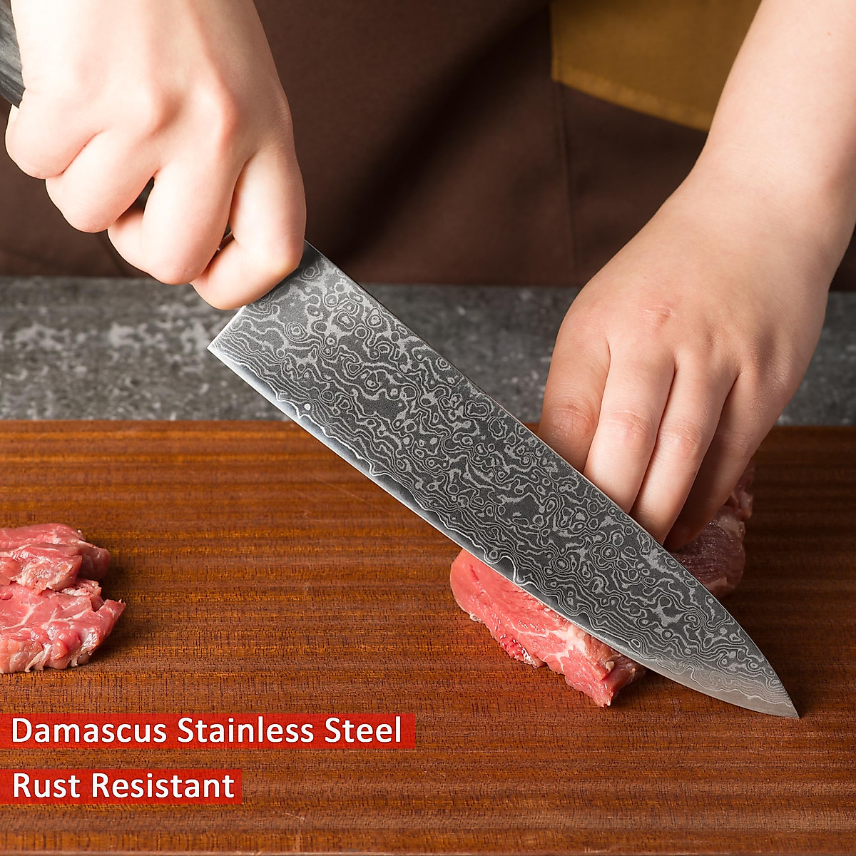 FODCOKI Damascus Kitchen Knife 8 inch- Japanese Chef Knife Damascus Steel VG10 Blade Razor Sharp Professional Meat Vegetable Cutting Knife- Wooden Handle