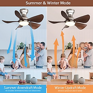 GESUM Ceiling Fan with Lights, 30 lnch Low Profile Ceiling Fan, 5 Reversible Blades, Flush Mount Ceiling Fan Light with 6 Speeds 3 Colors for Indoor Outdoor (Nickel-Walnut)