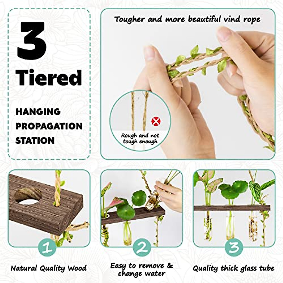 Grovind Propagation Stations, 3 Tier Large Wall Hanging Plant Terrarium with Wooden Stand Retro Propagation Station Test Tubes for Hydroponic Indoor Plants Cutting Planter for Home Garden Office Decor