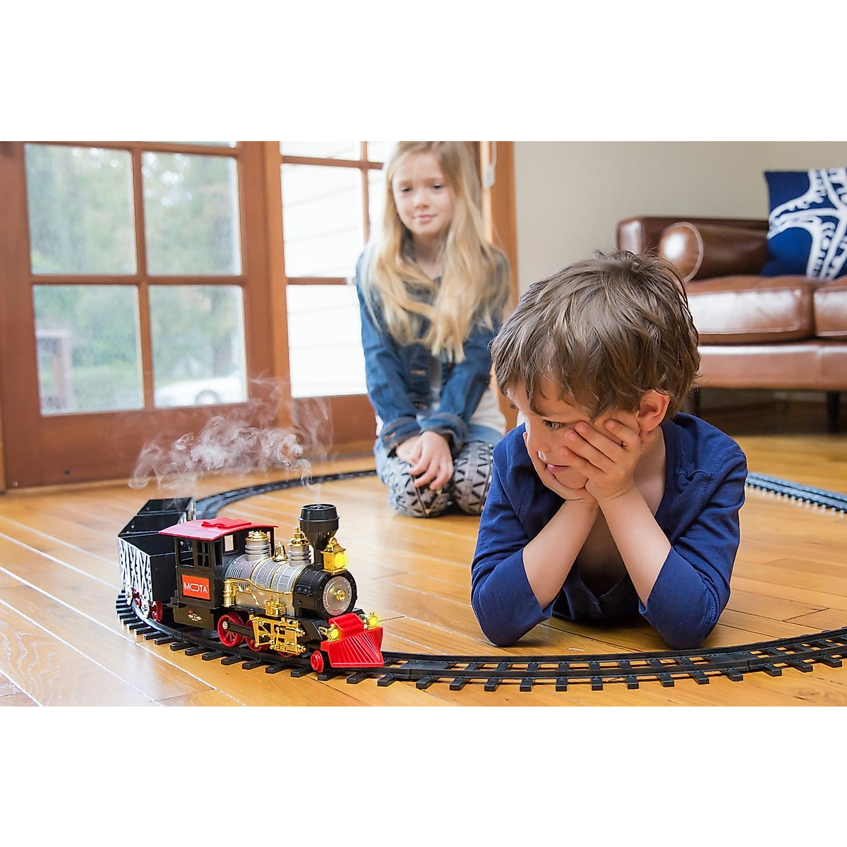 MOTA Classic Holiday Christmas Train Set with Real Smoke - Authentic Lights, and Sounds - A Full Set with Locomotive Engine, Cargo Cars, Tracks and Christmas Spirit
