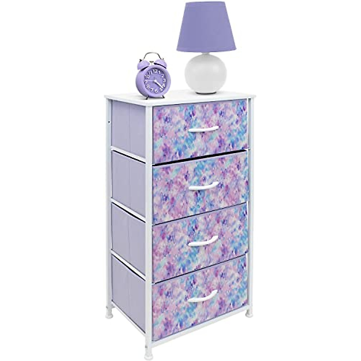 Sorbus Dresser Storage Tower, Organizer Drawers For Closet Boys & Girls Bedroom Bedside Furniture, Chest for Home, College Dorm, Steel Frame, Wood Top, Tie-dye Fabric Bins (4-Drawer, Blue/Pink/Purple)