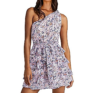 BTFBM 2023 Women One Shoulder Casual Summer Dresses Floral Boho High Waist Beach Ruffle Tiered A Line Flowy Mini Dress(Floral Purple, Large)