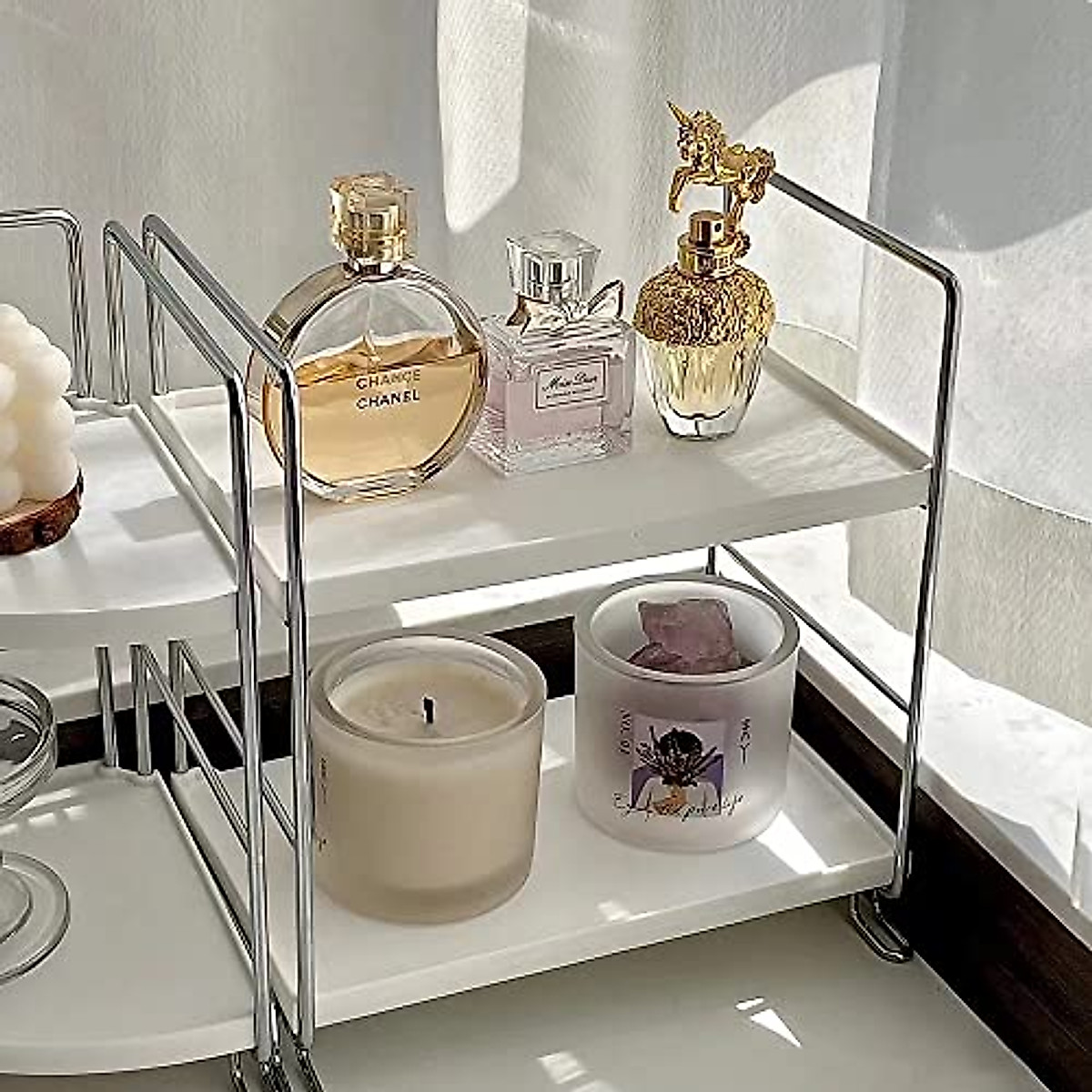 KINGBERWI 2 Tier Bathroom Organizer Countertop, Vanity Counter Skincare Makeup Organizer Holder, Bathroom sink Countertop Storage Shelf, Silver