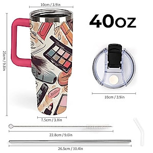 40 Oz Vacuum Tumbler with Light Rose Red Handle Leakproof Insulated Tumbler Cosmetic And Makeup Theme Pattern Stainless Steel Travel Mug with Lid And Straw Coffee Cup Cute Water Bottles Cup Holder Fri