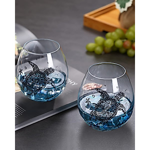Physkoa Sea turtle wine glass- 13.5OZ Crackle Teal Design, sea turtle gifts for women,Turtle Gifts，Birthday gifts for women（Single）