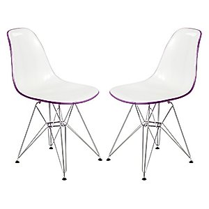 LeisureMod Carey Modern Eiffel Base Molded Side Chair Set of 2 (White Purple)