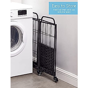 Laundry Hamper with Divided Liner Bag; Collapsible Laundry Basket with Rolling Lockable Wheels; Clothes Hamper with Metal Handle; Laundry Sorter with Removable Liner Bag (White)