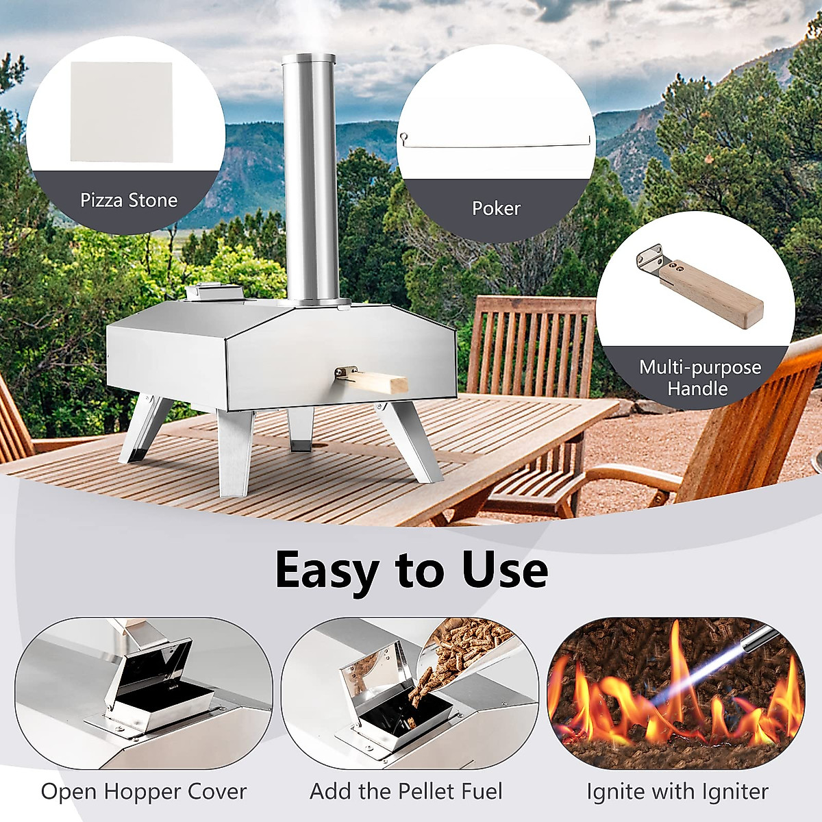 PETSITE Pizza Oven Outdoor, Wood Fired Pizza Oven with 12 Inches Pizza Stone, Portable Stainless Steel Wood Pellet Grill Pizza Maker for Outside Backyard Camping Party Cooking
