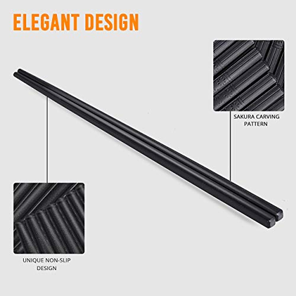 Lourmet 10 Pair Fiberglass Chopsticks – 9.5 Inches Long Reusable Chopsticks Dishwasher Safe for Asian Food, Light Weight Japanese Chopsticks Strong Grip Sturdy Material – Black Chopsticks Set