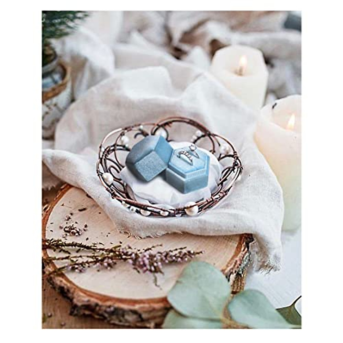 Velvet Ring Box, Hexagon Ring Holder, Double Slots Rings Bearer Jewelry Boxs 2 slot for Proposal,Engagement,Wedding(Light Blue)