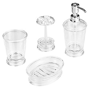 mDesign Plastic Bathroom Vanity Countertop Accessory Set - Includes Refillable Soap Dispenser, Divided Toothbrush Stand, Tumbler Rinsing Cup, Soap Dish - 4 Pieces - Clear