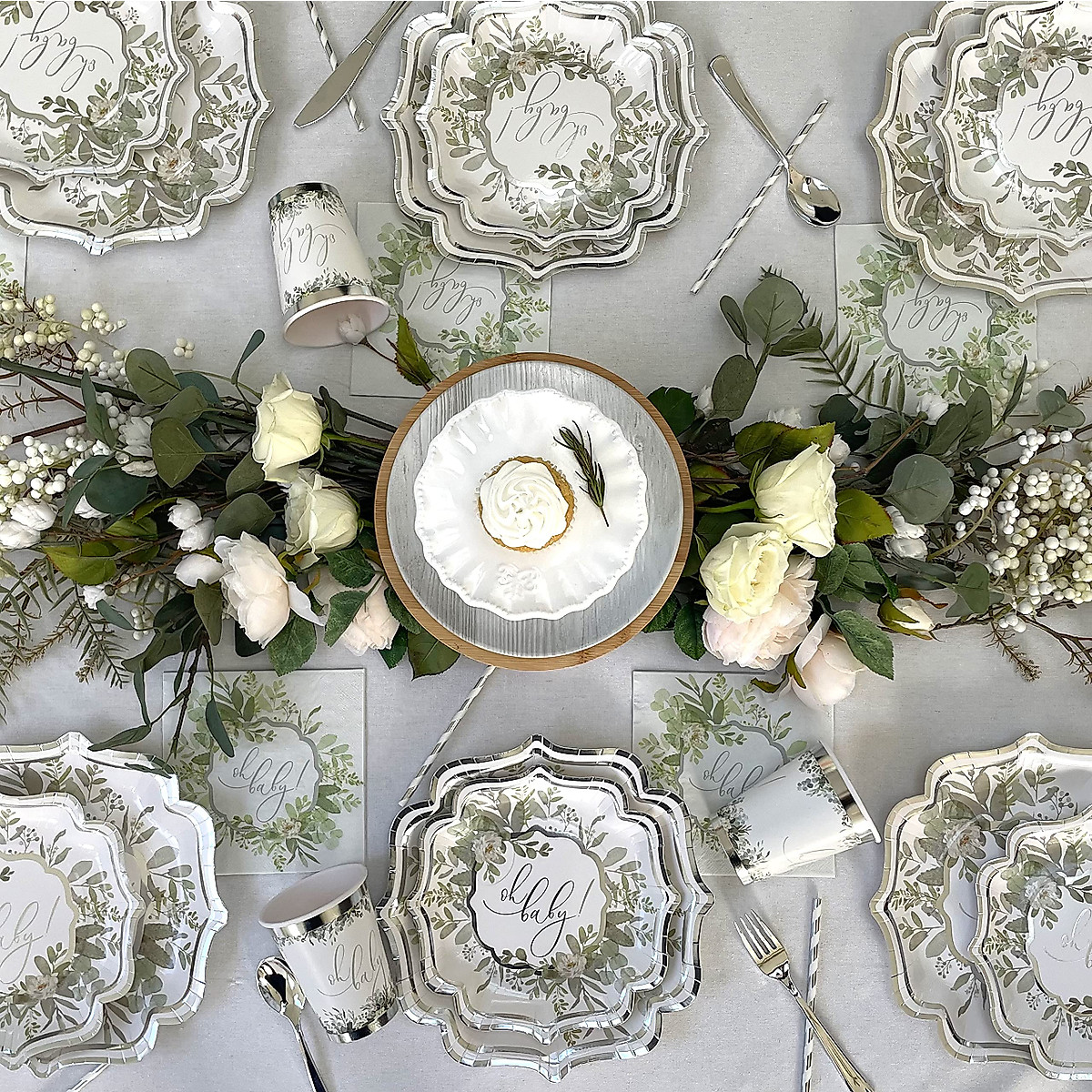 Greenery Baby Shower | Sage Green "Oh Baby" Baby Shower Set | Stunning Real Silver Foil | Serves 16 | Gender Neutral Baby Shower Decorations | Elegant Greenery Baby Shower Decorations |Greenery theme