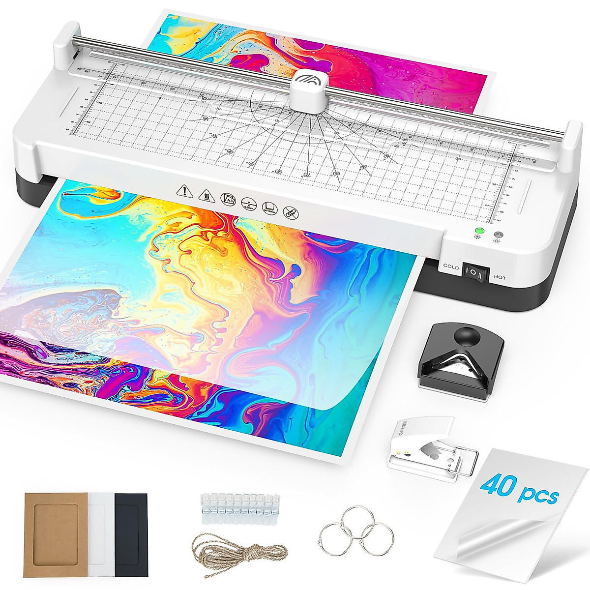 Laminator,Laminator Machine 13 inch with 40pcs Laminating Sheets, Never Jam A3 Laminator, 9-in-1 Hot Cold Laminator Machine 11x17 with Paper Cutter Corner Rounder Hole Punch for Home Office School