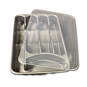 Utensil and Silverware Organizer tray for drawer with cover -Cutlery Flatware Organizer with lid - for kitchen drawer, BBQ , picnic, Covered flatware tray,5 Compartments - Plastic (SILVER)