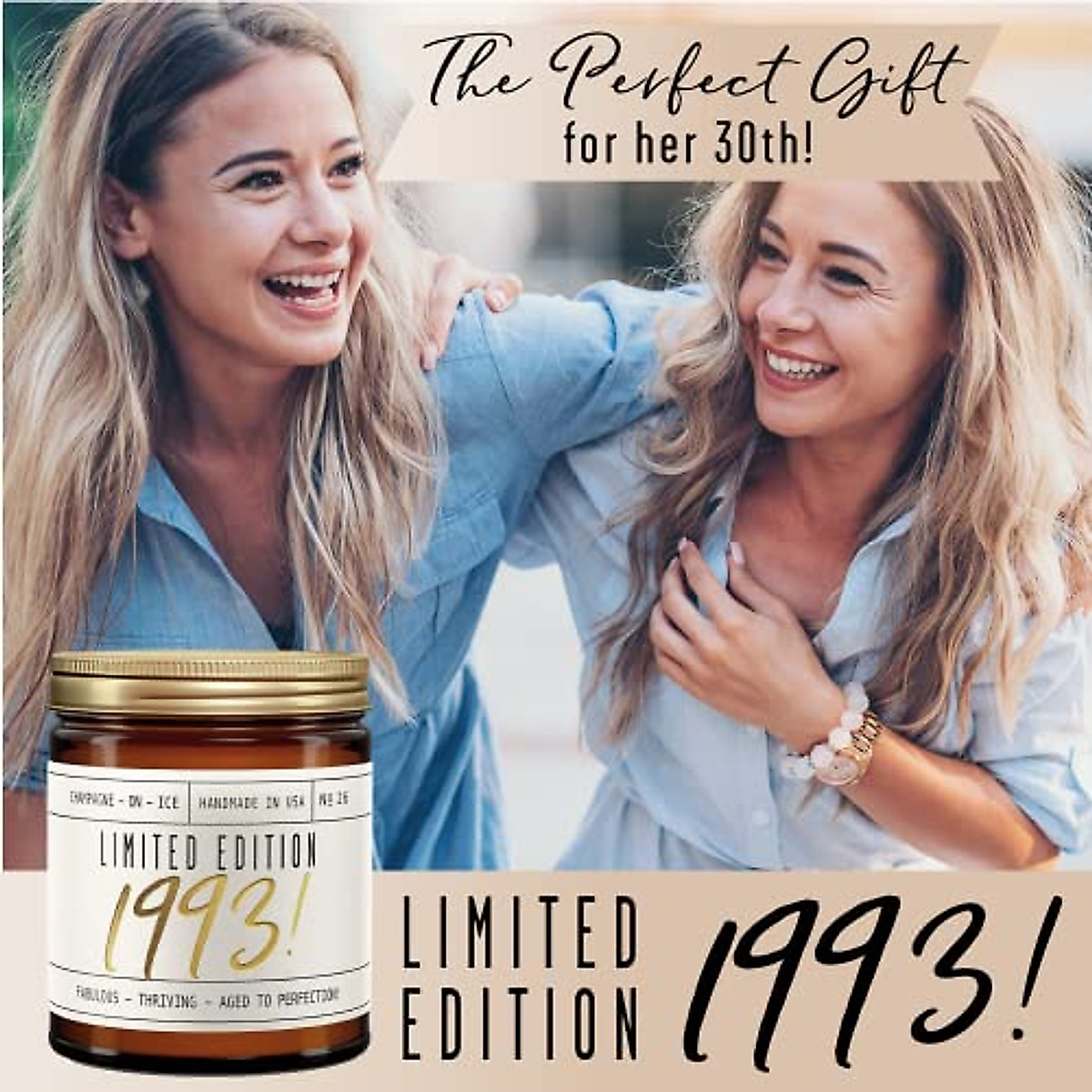 30th Birthday Gifts for Her - 'Limited Edition 1993' Soy Candle, w/Champagne on Ice I 1993 Birthday Gifts for Women I 30th Birthday Gifts for Women I 9oz Reusable Jar, 50Hr Burn, Made in USA