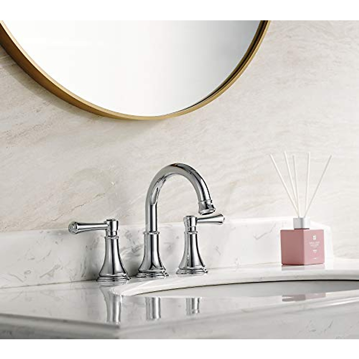 TimeArrow Chrome Two Handle 8 inch Widespread Bathroom Sink Faucet 3 Holes with Pop-Up Drain, High Arc Modern Bathroom Vanity Faucet with Brass 360° Swivel Spout,TAF830Y-CP