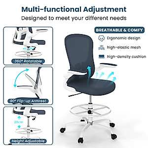 Drafting Chair, Tall Office Chair with Flip-up Armrests Executive Ergonomic Computer Standing Desk Chair, Office Drafting Chair with Lumbar Support and Adjustable Footrest Ring