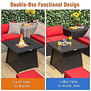 Toolsempire 5 Pieces Wicker Patio Furniture Set, Rattan Sectional Furniture Patio Set with 30" Fire Table, Storage Box & Tempered Glass Tabletop, Fire Pit Table Set for Garden, Backyard(Turquoise)