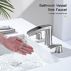 Brushed Nickel Waterfall Bathroom Faucets - 2 Handles Bathroom Sink Faucet for 3 Holes Sink, Brushed Nickel Widespread Bathroom Faucet with Pop Up Sink Drain Stopper