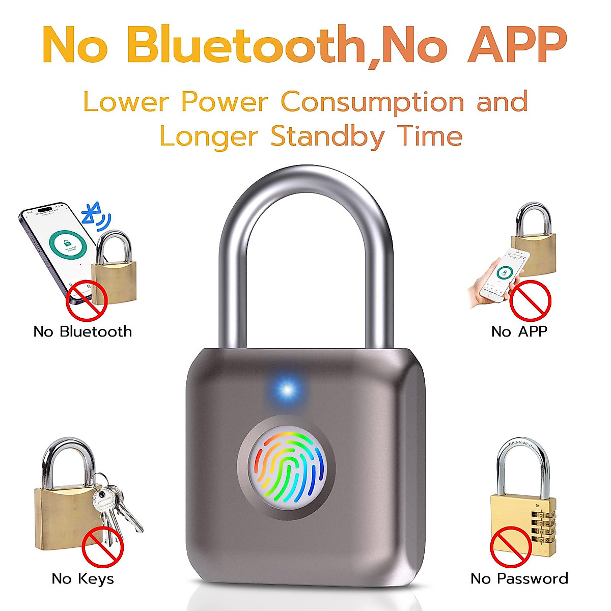 Pothunder Fingerprint Padlock, Smart Metal Keyless Thumbprint Lock, Waterproof, USB Rechargeable, for Gym, School, Luggage, Backpack, Suitcase, Golden