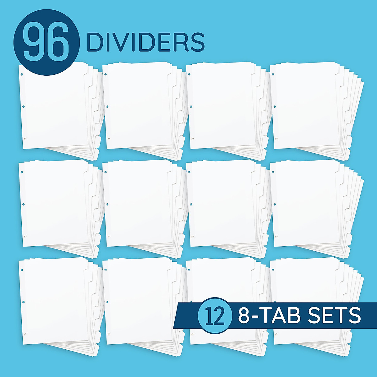 Blue Summit Supplies 3 Ring Binder Dividers with Reinforced Edge, 1/8 Cut Tabs, Letter Size, 3 Hole Punch Section Index Dividers for Binders, White, 96 Pack