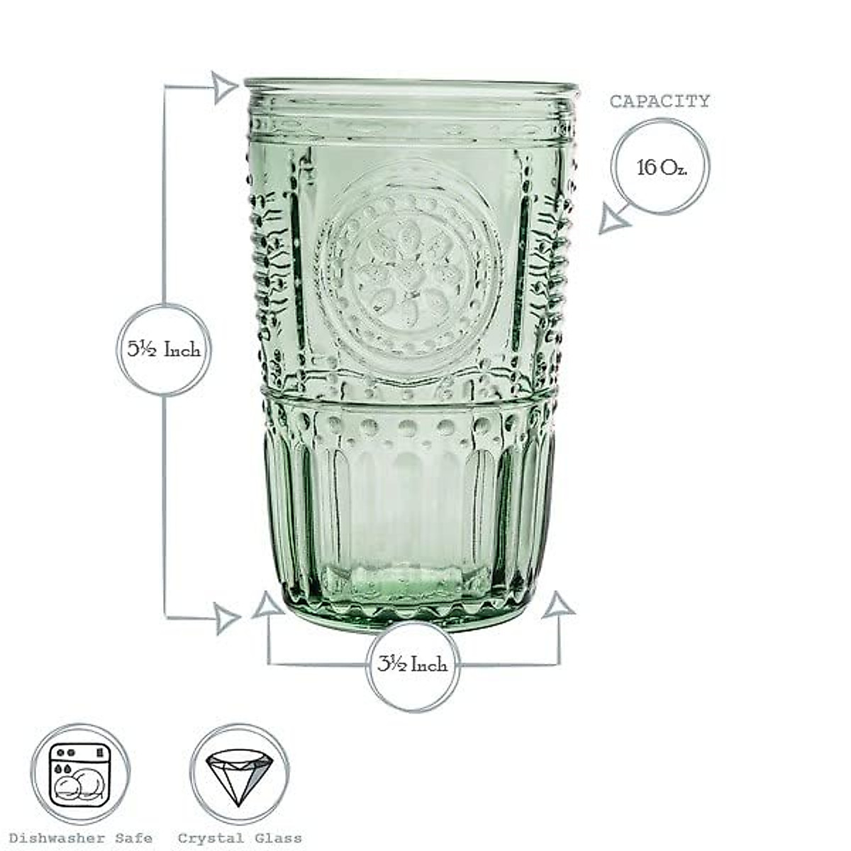 Bormioli Rocco Romantic Set Of 6 Cooler Glasses, 16 Oz. Colored Crystal Glass, Pastel Green, Made In Italy.